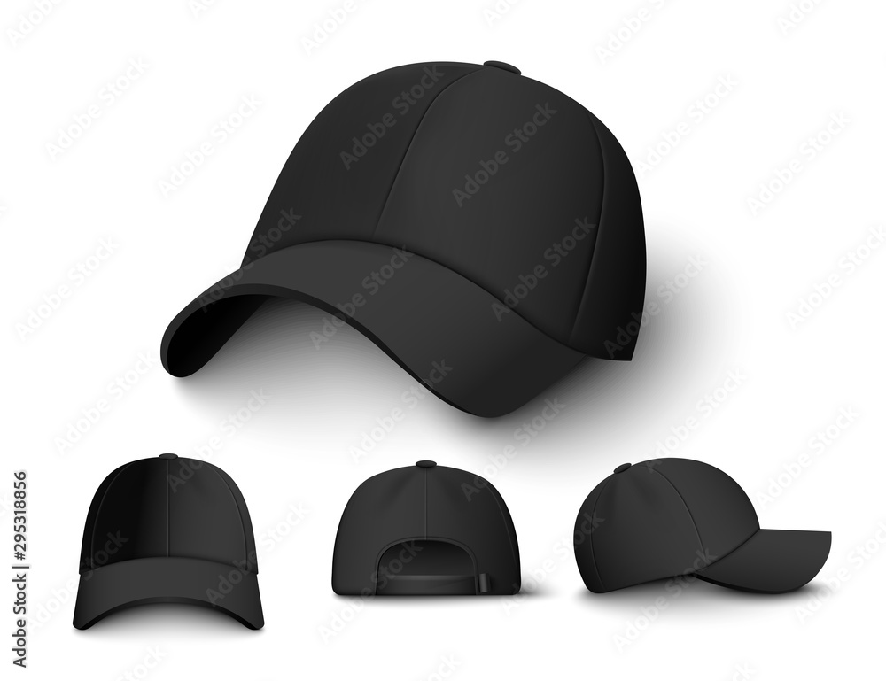 Poster Realistic black cap mockup set from front, back and side view ...