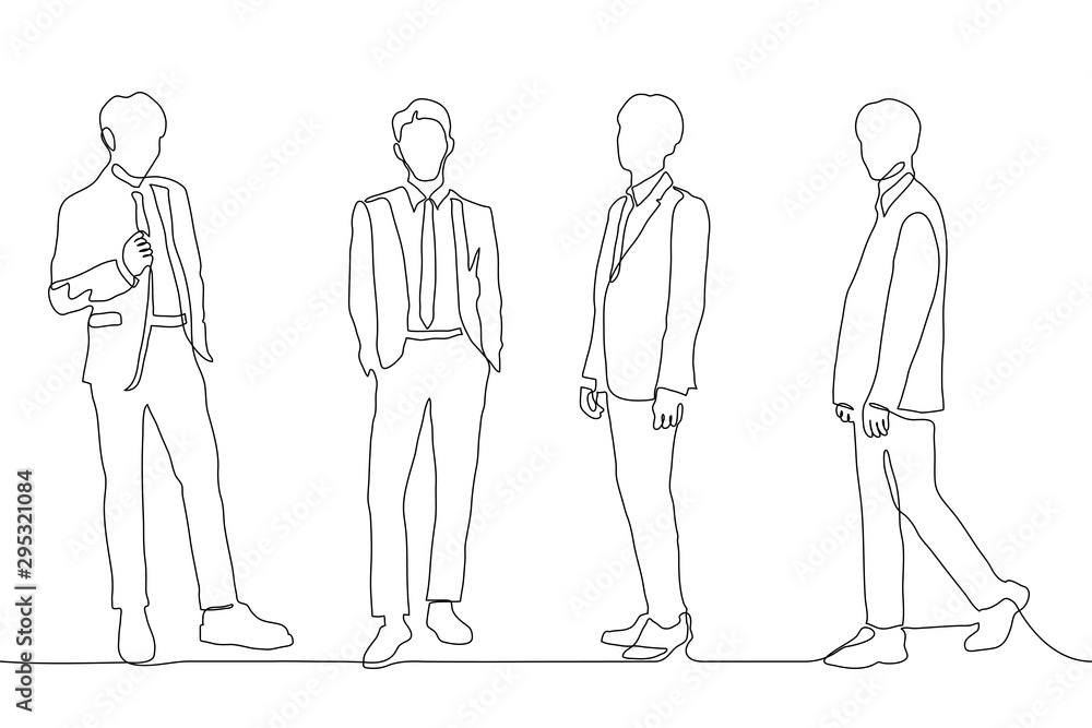 Continuous line art of four men in full-length suits. Attractive young ...
