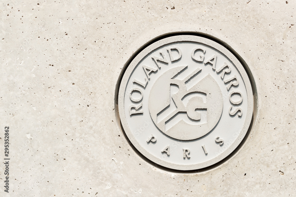 Paris, Tennis French Open 2018, brand, logo of Roland Garros displayed ...