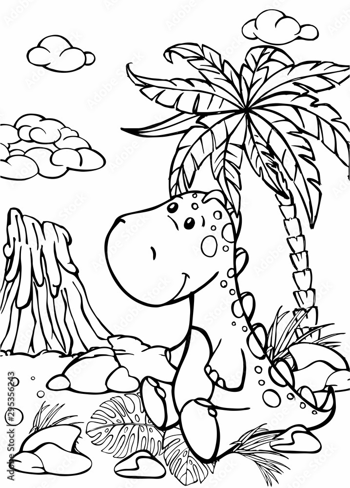 Coloring with a cute dinosaur sitting under a palm tree, on the ...