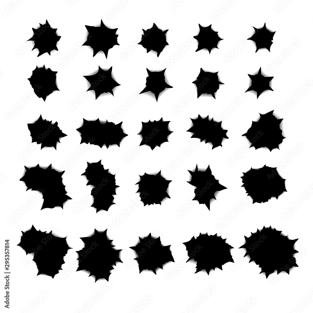 Set of bullet holes and gunshot stencil traces made in paper. Stock ...