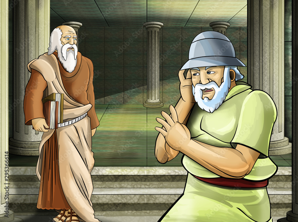 cartoon scene with roman or greek warrior - ancient character near some ...