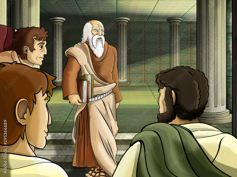 cartoon scene with roman or greek - ancient character near some ancient ...