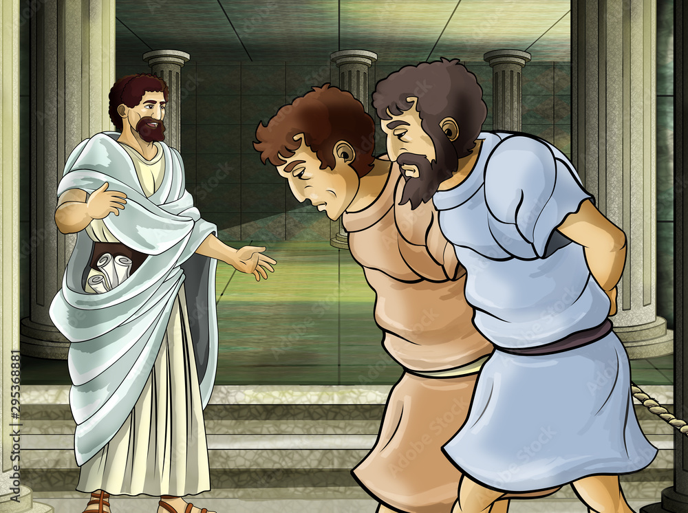 cartoon scene with roman or greek - ancient character near some ancient ...