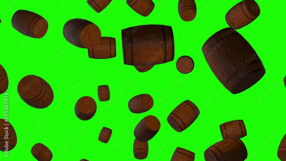 Rain from wooden barrels falling on green screen.Winery casks or oak ...