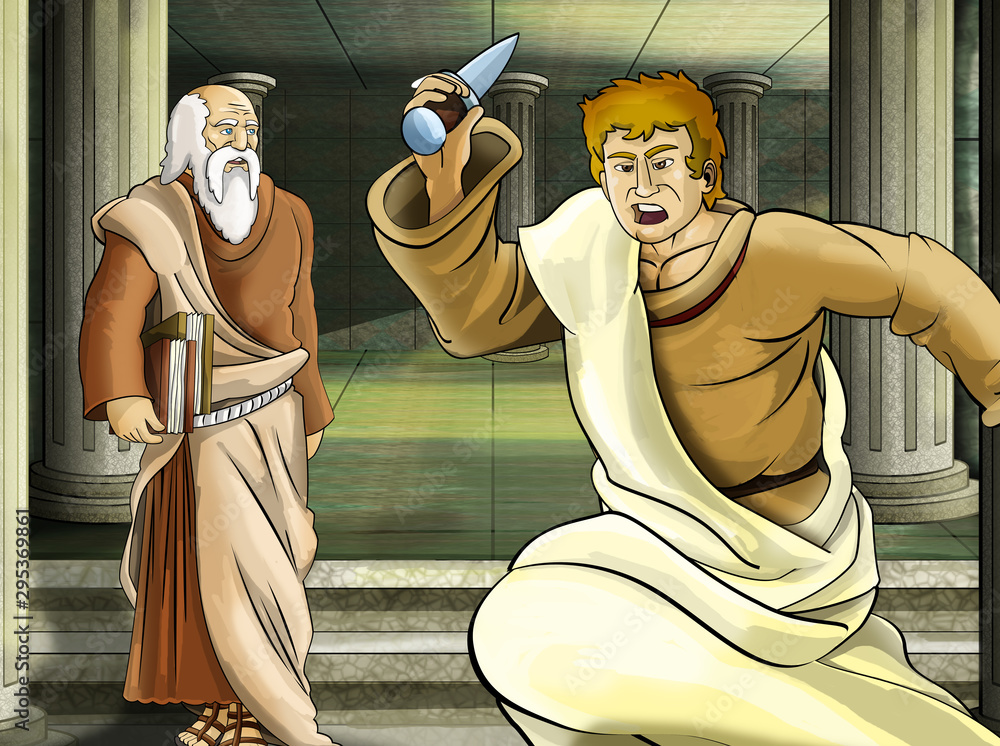 cartoon scene with roman or greek warrior - ancient character near some ...