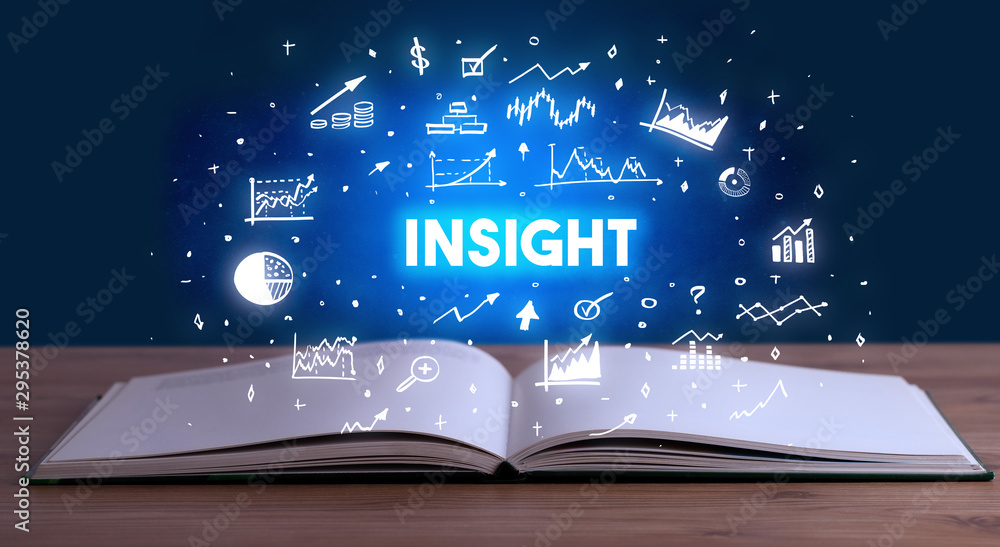 INSIGHT inscription coming out from an open book, business concept ...