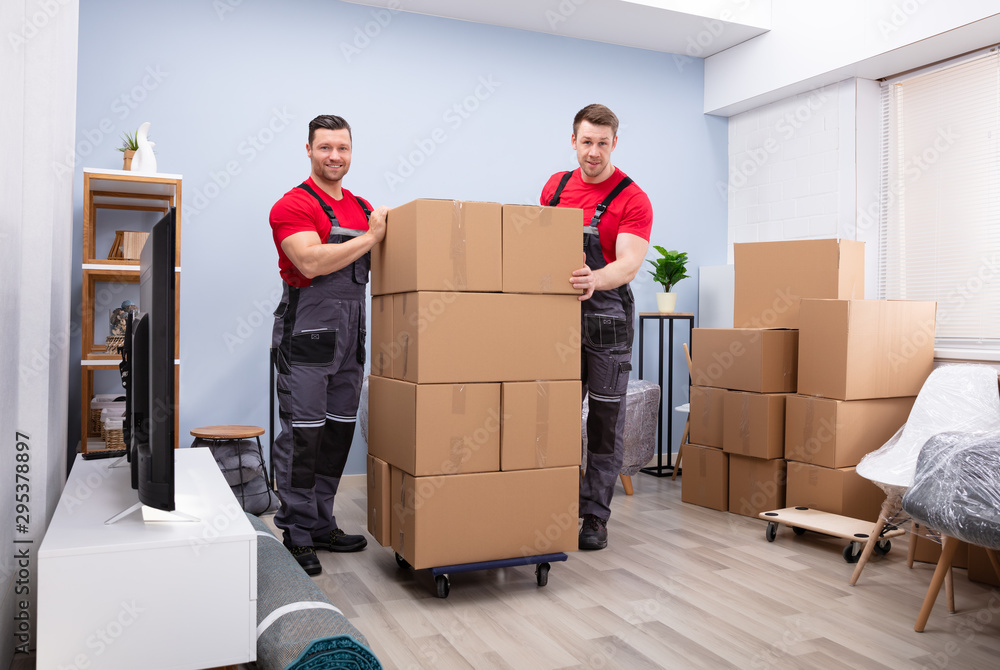 Portrait Of Two Young Movers With Stack Of Cardboard Boxes Stock Photo ...