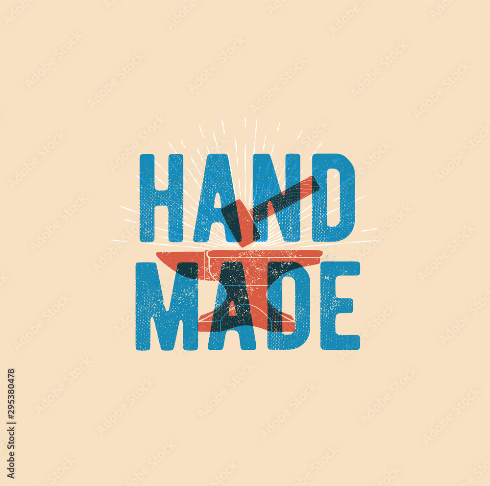 Handmade label design with anvil and hummer. Vintage styled vector ...