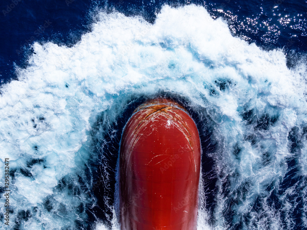 Top view of the cargo vessel bulbous bow, breaking waves. Stock Photo ...