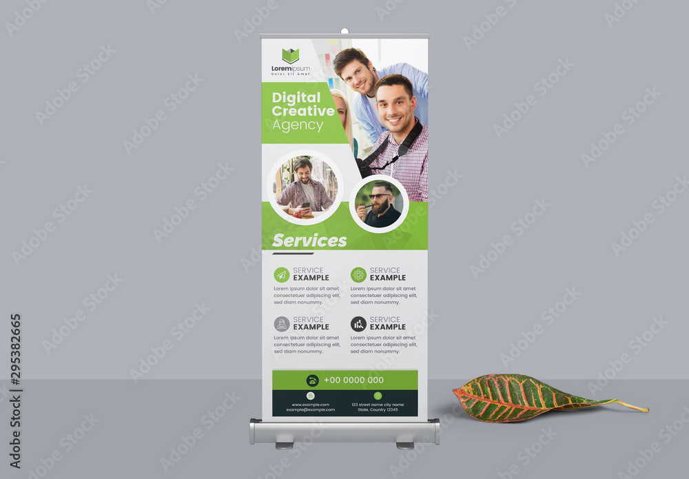 Green Roll Up Banner with Circular Photo Elements Stock Template ...