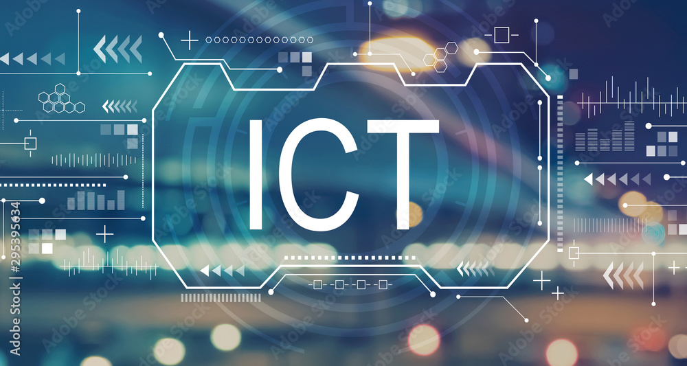 Information and communications technology with blurred city abstract ...