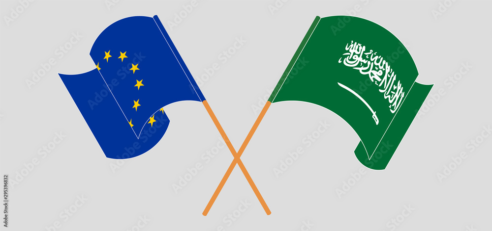 Crossed and waving flags of the Kingdom of Saudi Arabia and the EU ...