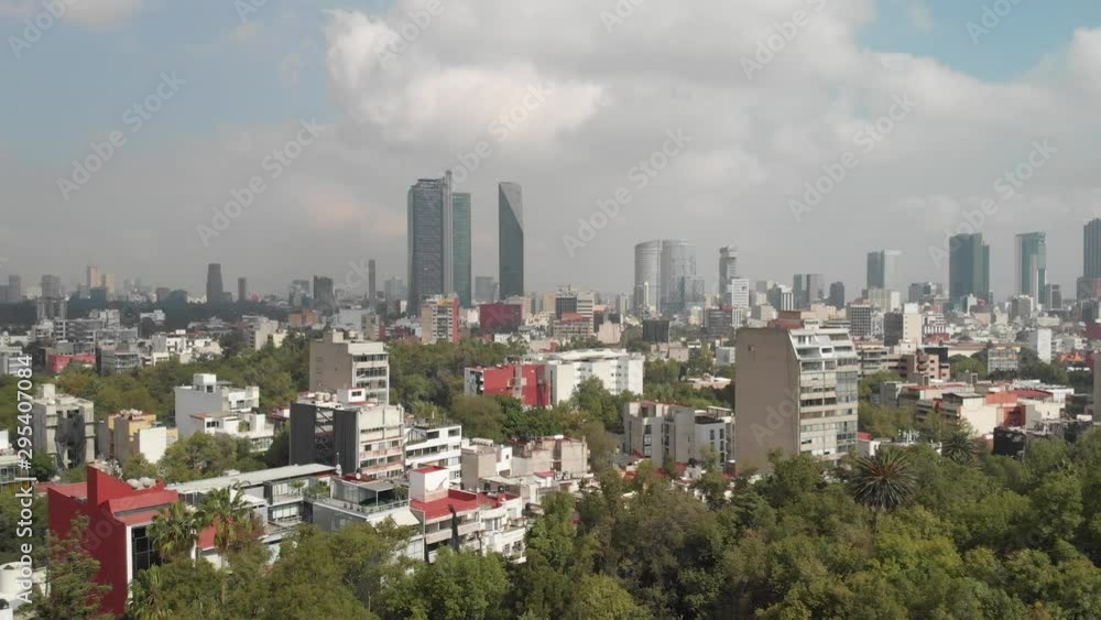Aerial view of the skyline in Paseo de la Reforma, drone flying over ...