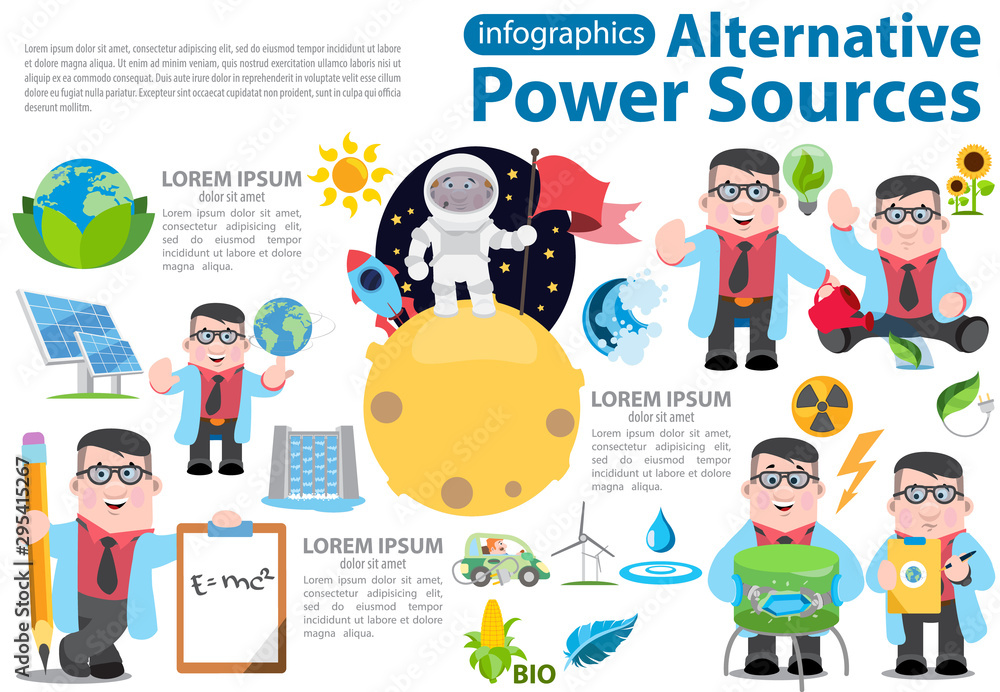 Alternative energy infographics. Solar panels, wind turbines, hydro dam ...