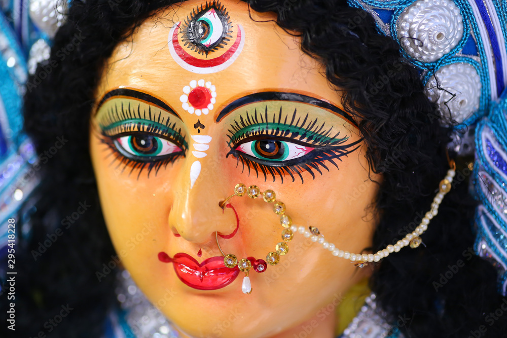 Goddess Durga idol with ornaments in close up face view Stock Photo ...