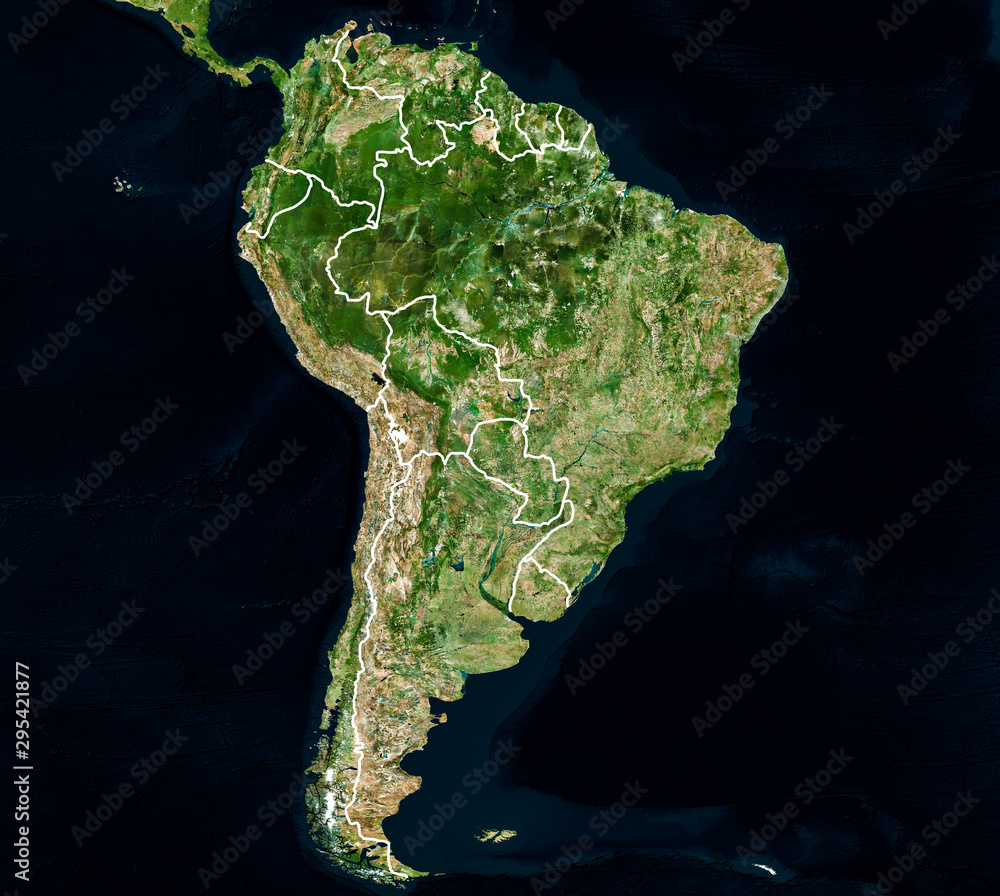 High resolution Satellite image of South America with borders (Isolated ...