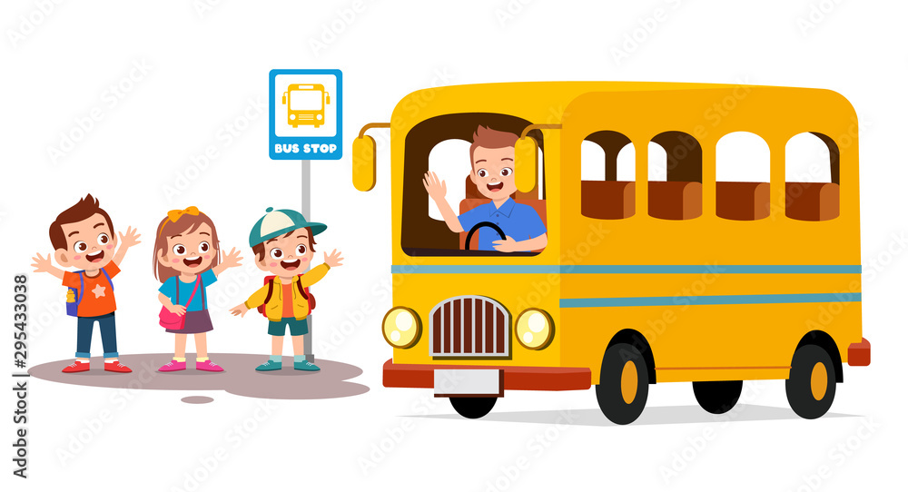 happy cute kids wait school bus with friends Stock Vector | Adobe Stock
