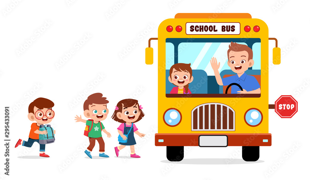 happy cute kids go to school by bus Stock Vector | Adobe Stock