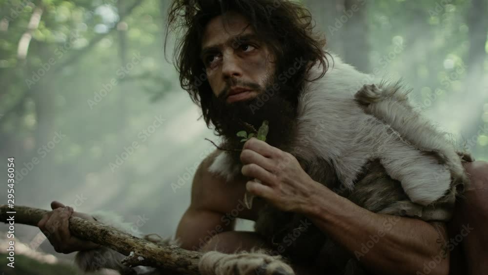 Primeval Caveman Wearing Animal Skin Holds Stone Tipped Spear Looks ...