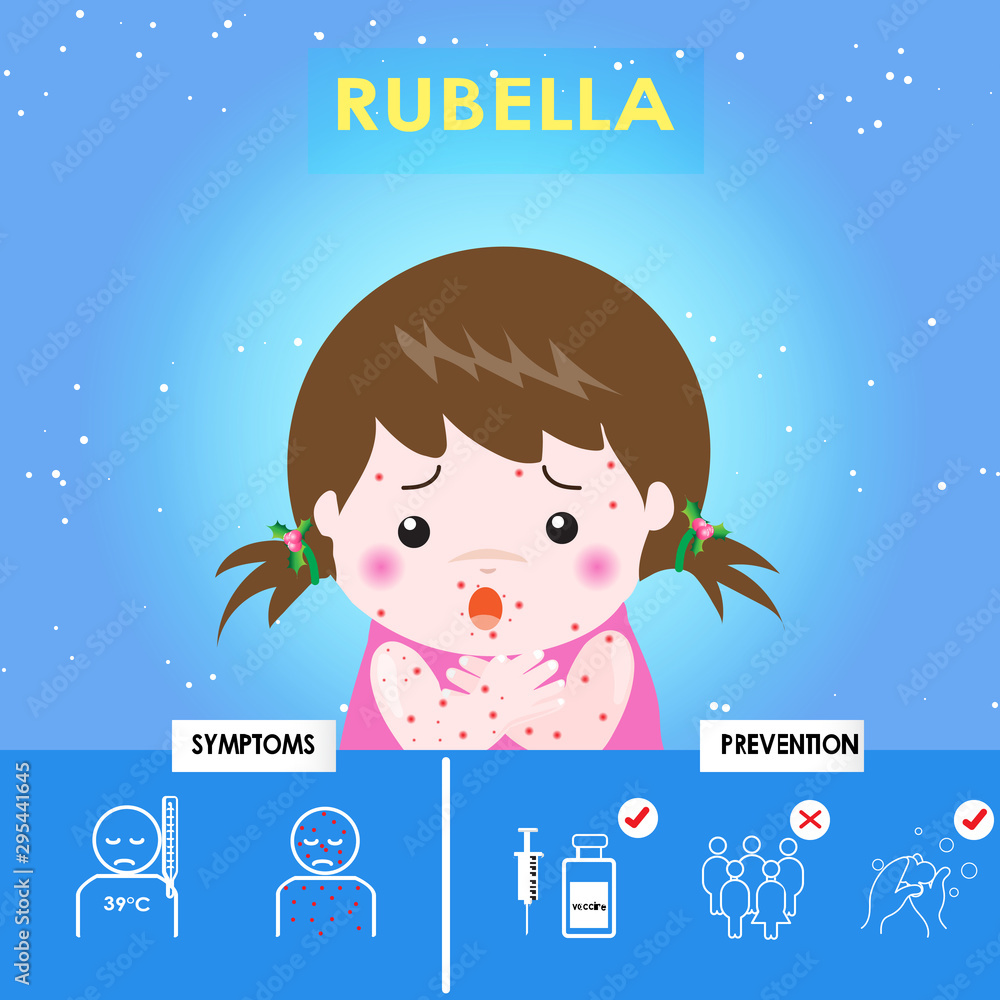 Vecteur Stock Infographics of Rubella. Kid girl pneumonia with cough and red skin, Health care ...