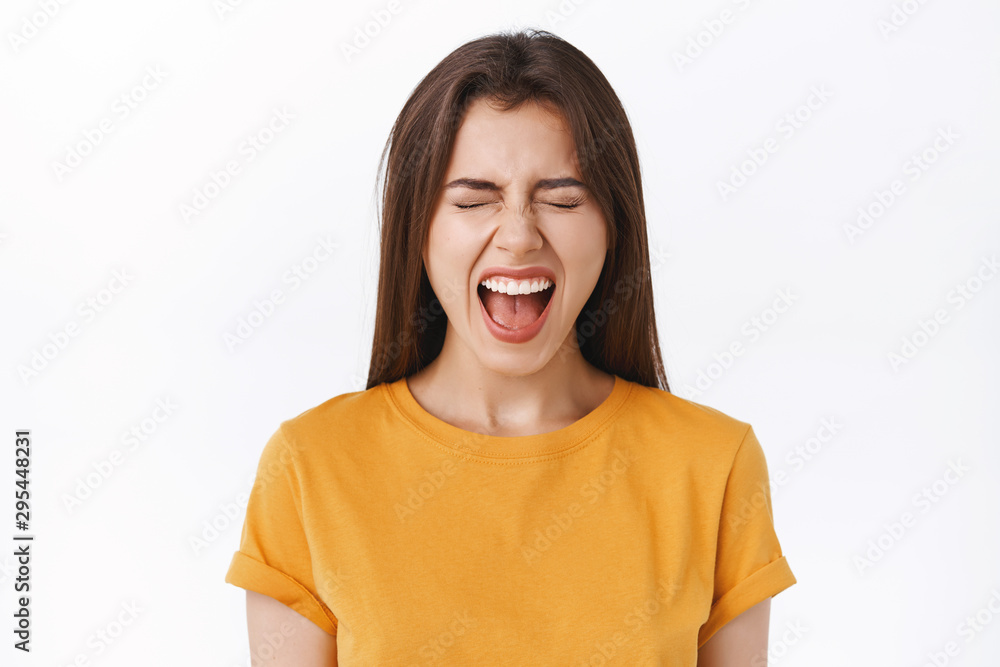 Whining moody girlfriend scream or complaining loud, standing ...