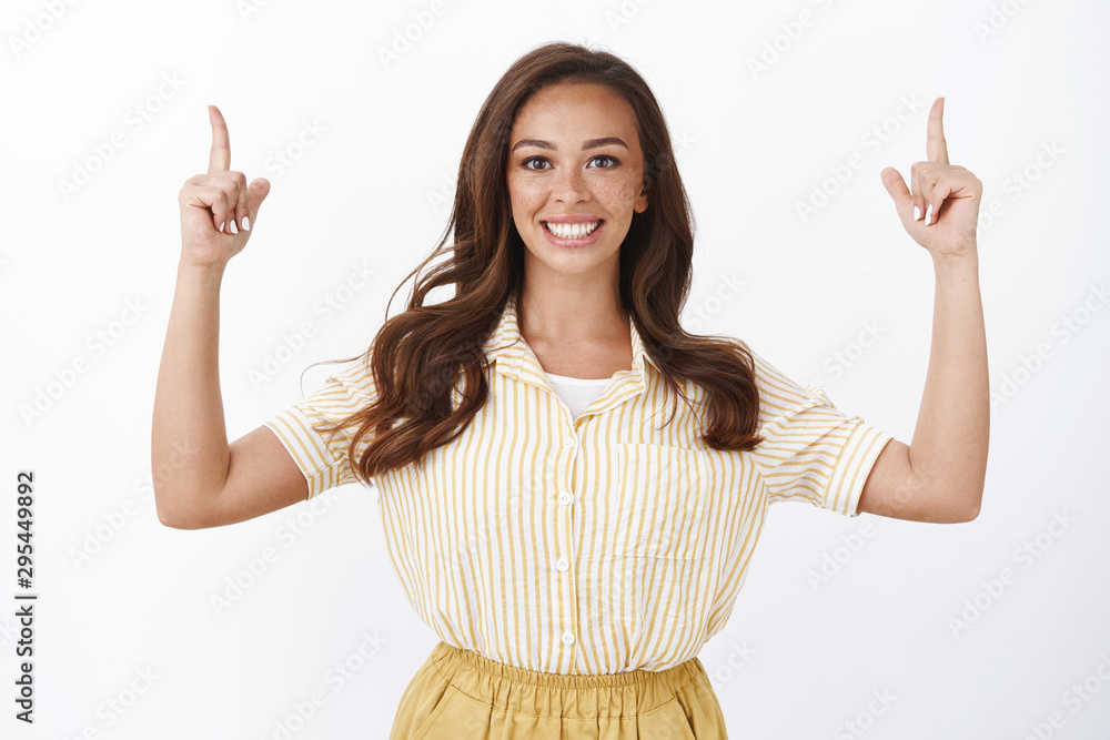 Cheerful nice female customer service manager gladly introduce product ...