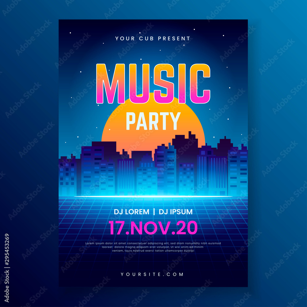 Retro futuristic music poster template. With a gradation of black and ...