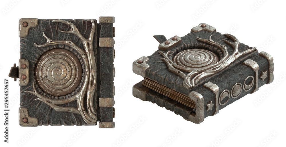 Set of magic book with a leather cover with metal moon phases and tree ...