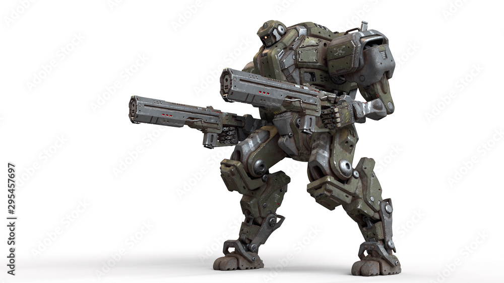 3d illustration of sci-fi mech soldier standing with two assault guns ...