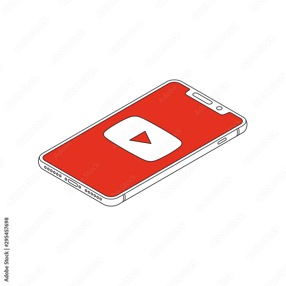 Youtube logo on iphone X display isometric outline vector illustration ...