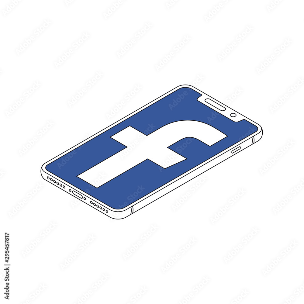 Facebook logo on iphone X display isometric outline vector illustration ...