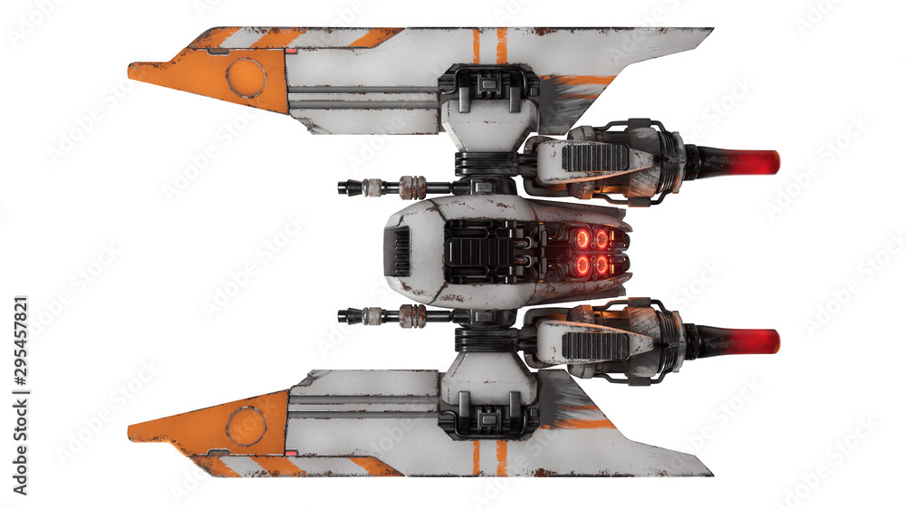 3d illustration of old scratched metal single pilot spaceship isolated ...