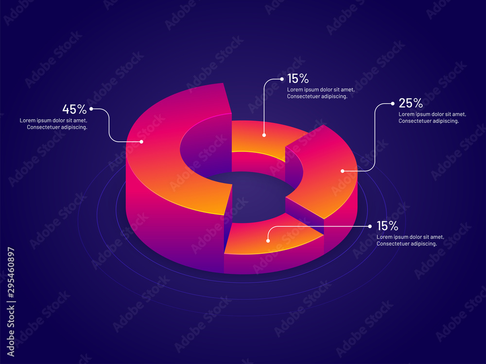 Isometric illustration of pie chart with different percentage increase ...