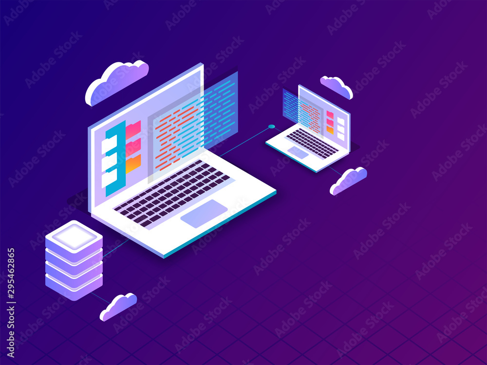 Isometric illustration of laptop connected with server on purple ...