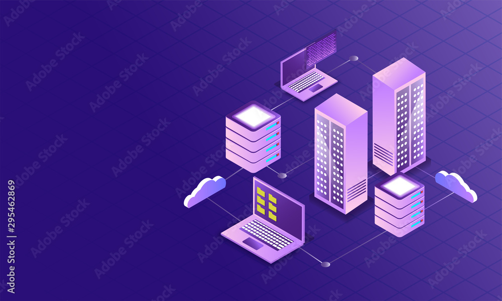 Data Management concept with 3d data server connected to laptop and ...