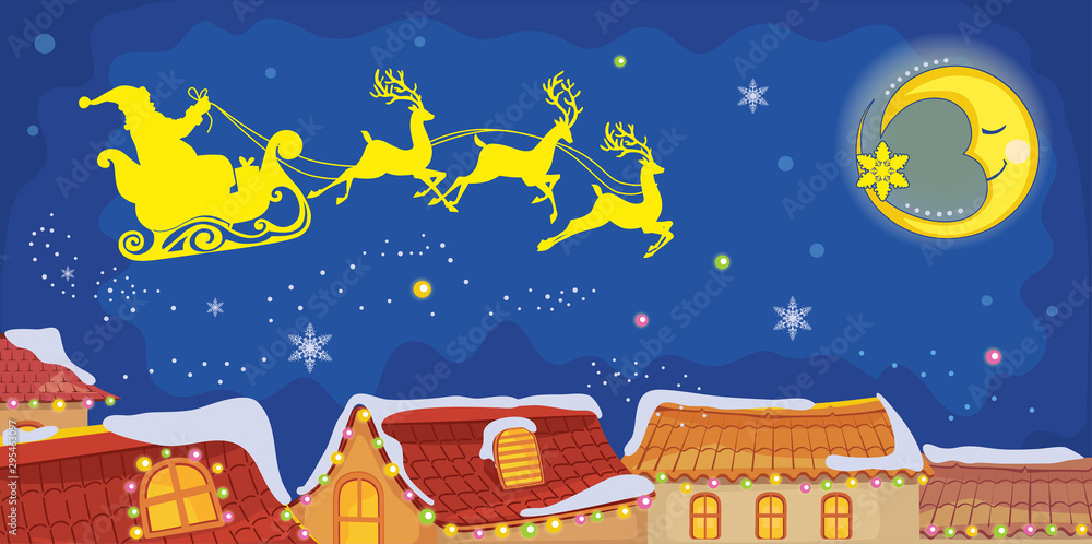 Santa Claus flying over the city. New year card. Night sky with moon ...