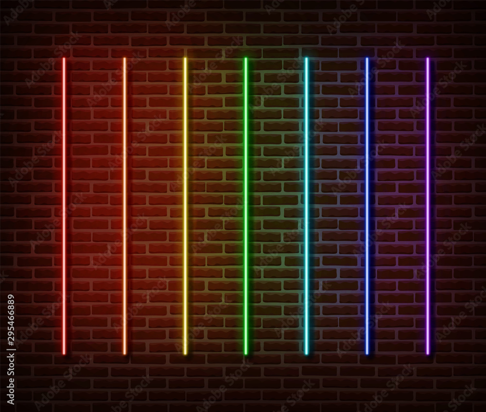Neon sticks collection vector isolated on brick wall. Neon line light ...