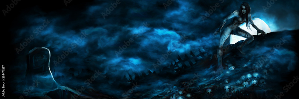 Horizontal banner with a wild vampire woman/ Creepy landscape with a ...
