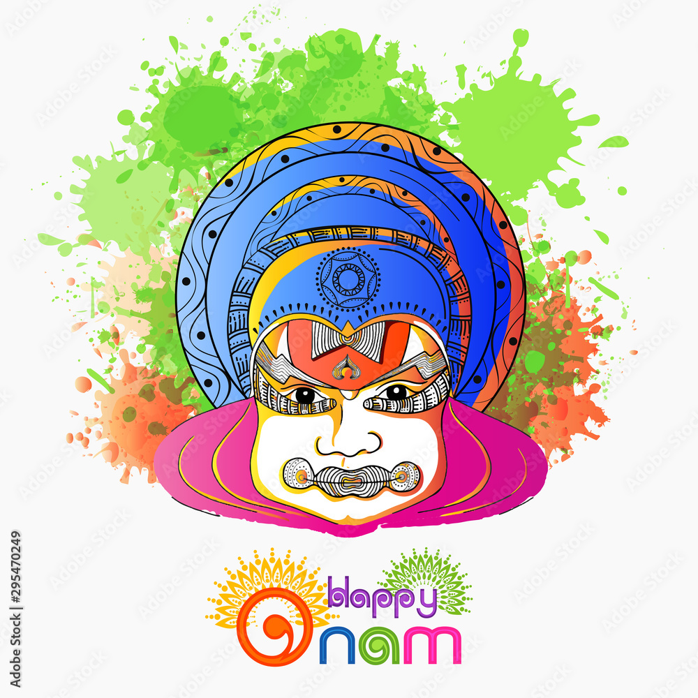 Doodle illustration of a Kathakali Dancer Face on abstract color paint ...