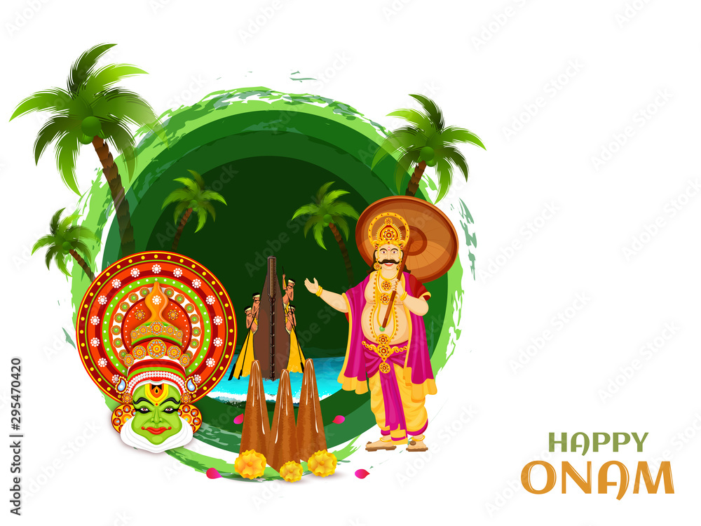 Happy Onam poster or banner design with illustration of Kathakali ...