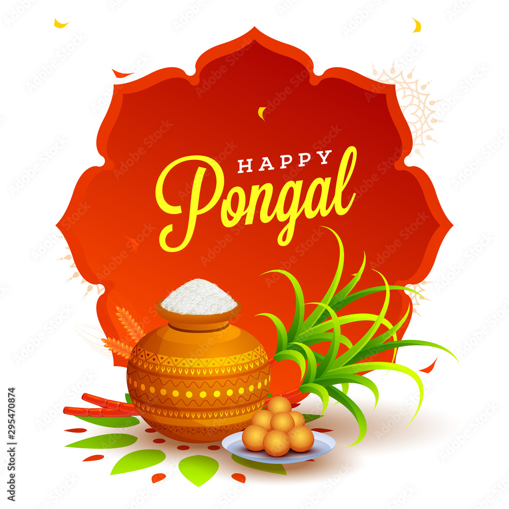 Happy Pongal greeting card design with traditional pot, sugarcane and ...