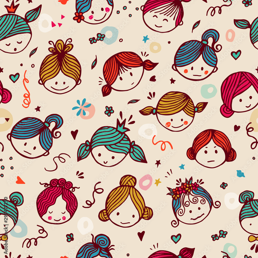 Seamless pattern cute girlish faces with different emotions. Ideal for ...