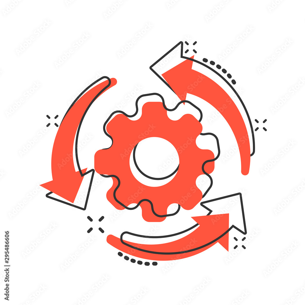 Workflow process icon in comic style. Gear cog wheel with arrows vector ...