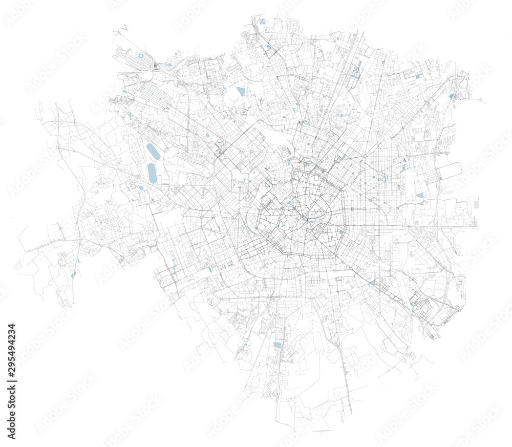 Satellite map of Milan, zones and municipalities. Streets of the ...