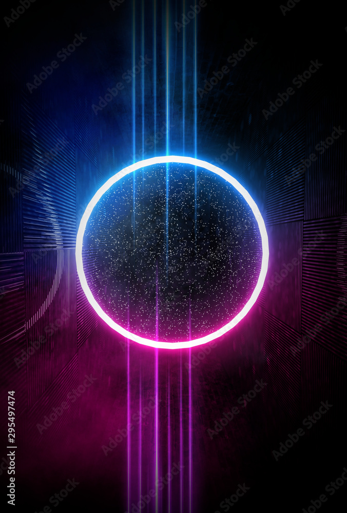 Abstract dark neon background. Neon geometric shapes, rays and lines ...