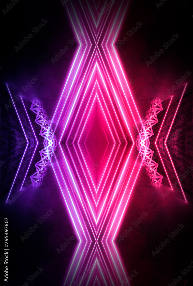 Abstract dark neon background. Neon geometric shapes, rays and lines ...