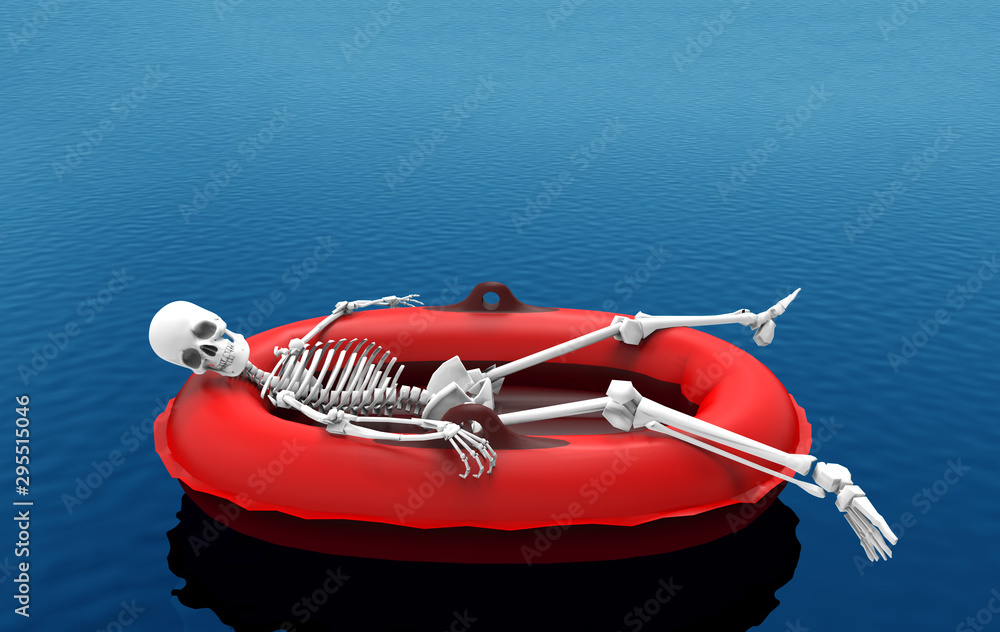 3d rendering. A human skeleton bone lying on red life rescue boat alone ...