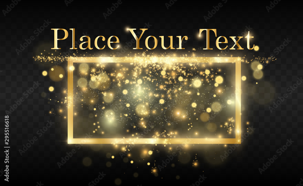Gold glitter with shiny gold frame on a transparent black background ...