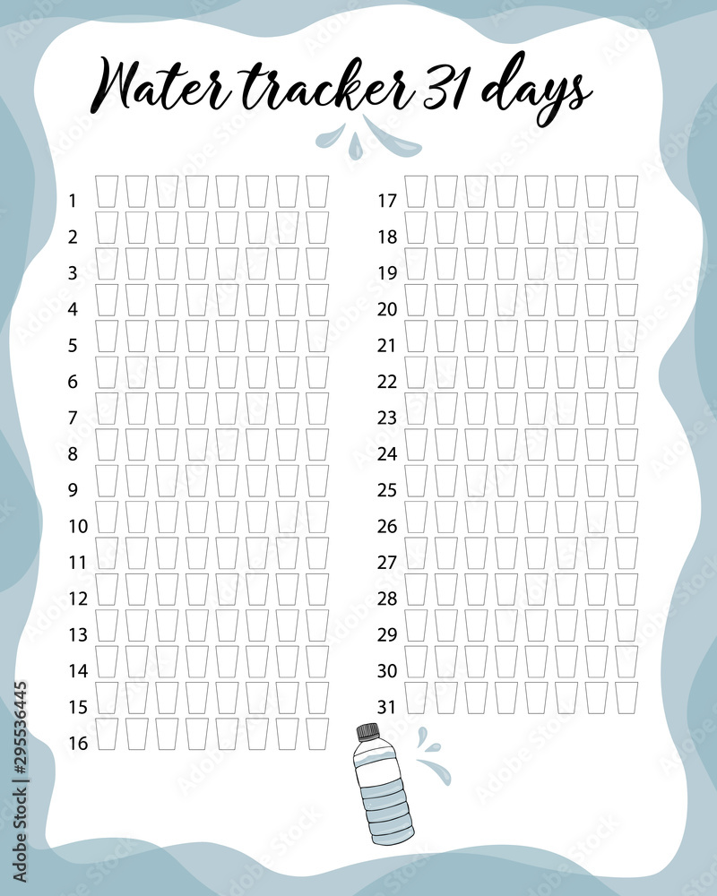 Water balance vector calendar. Water monthly tracker. Water consumption ...